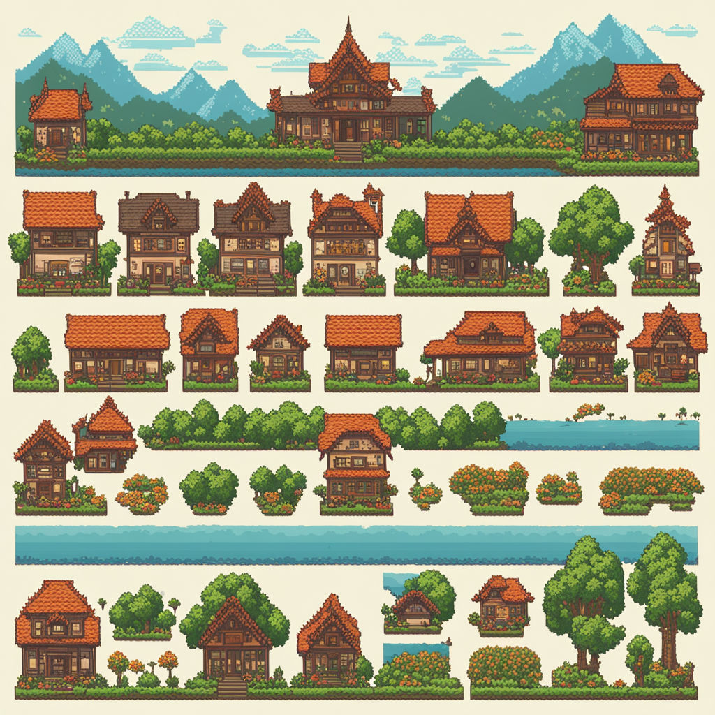 Multiple item sprite sheet of Pixel art map of a charming by CHONG ...