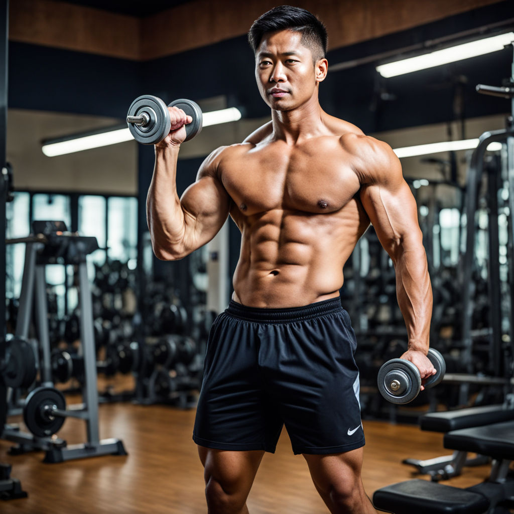 Full-body portrait of an Asian man elevating a dumbbell by 天月遙也 ...