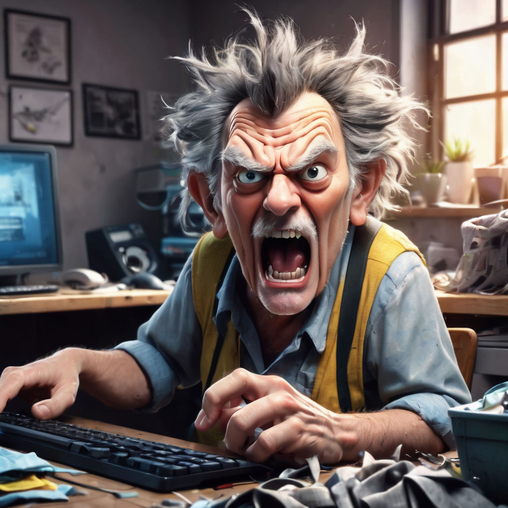 Create a picture of a crazy old man pulling out his tangled ... by ...