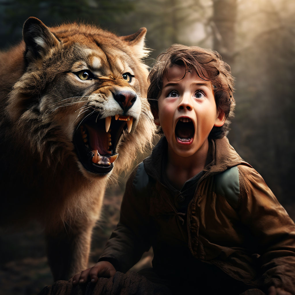 The boy and the wolf screaming and scaring a mountain lion by Marlon ...