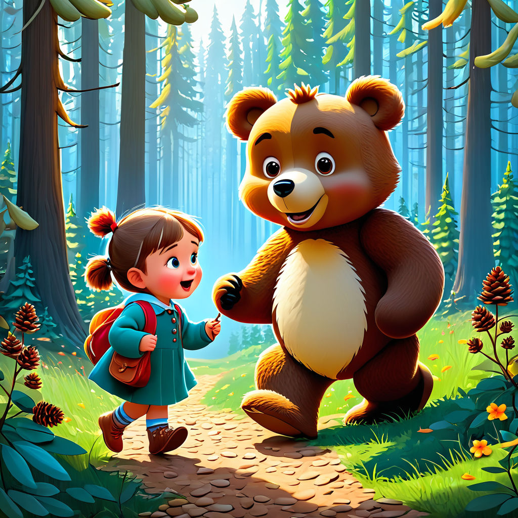 The little girl and clumsy bear walks through the forest by Mira Rybka - Playground
