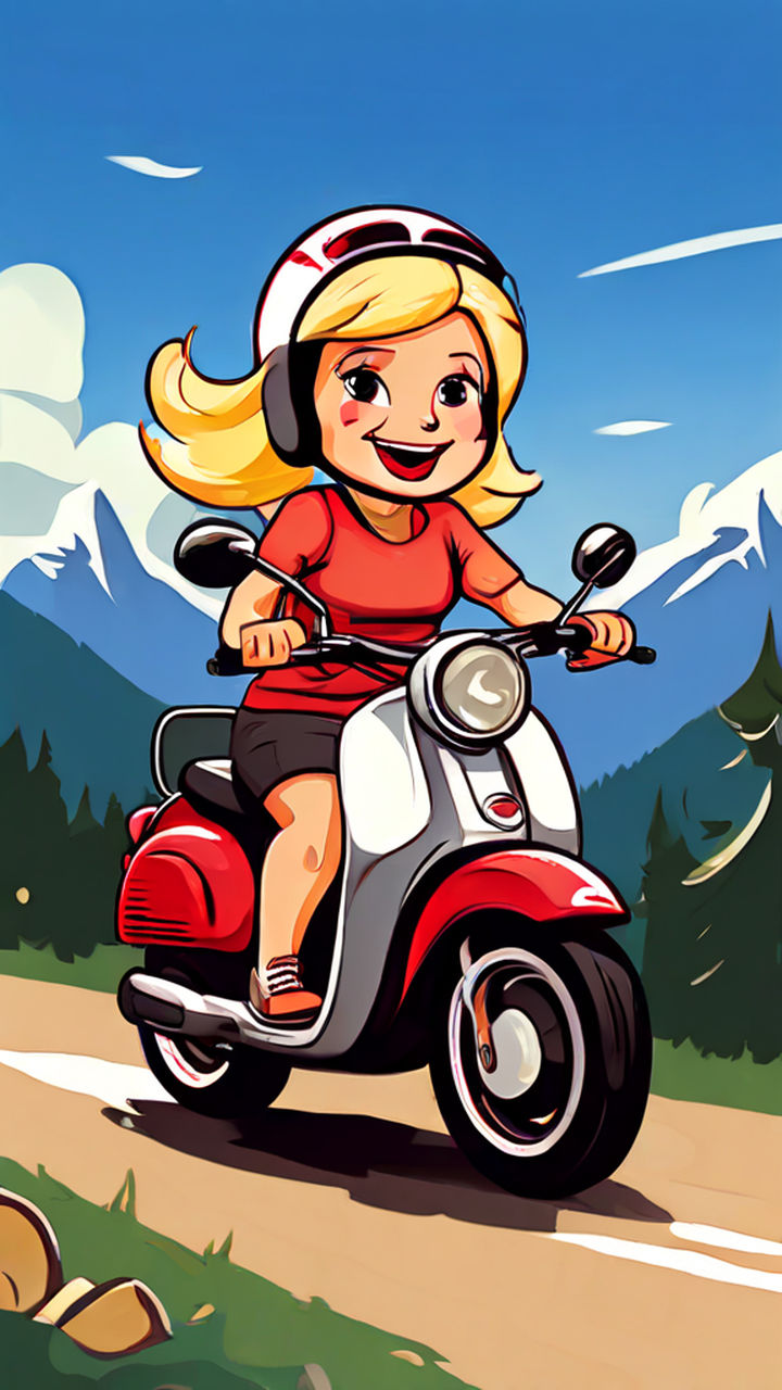 Cartoon like illustration of blonde girl riding a black vesp... by ...