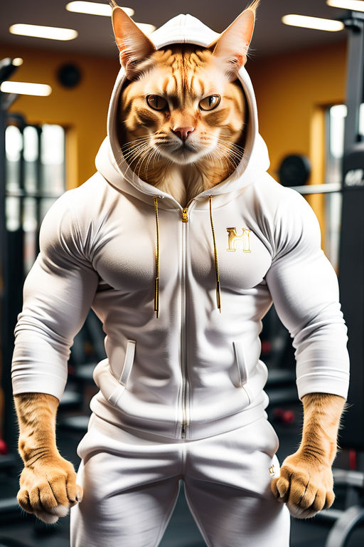 A golden muscular cat wearing fitted white hoddy stand in a ... by ...