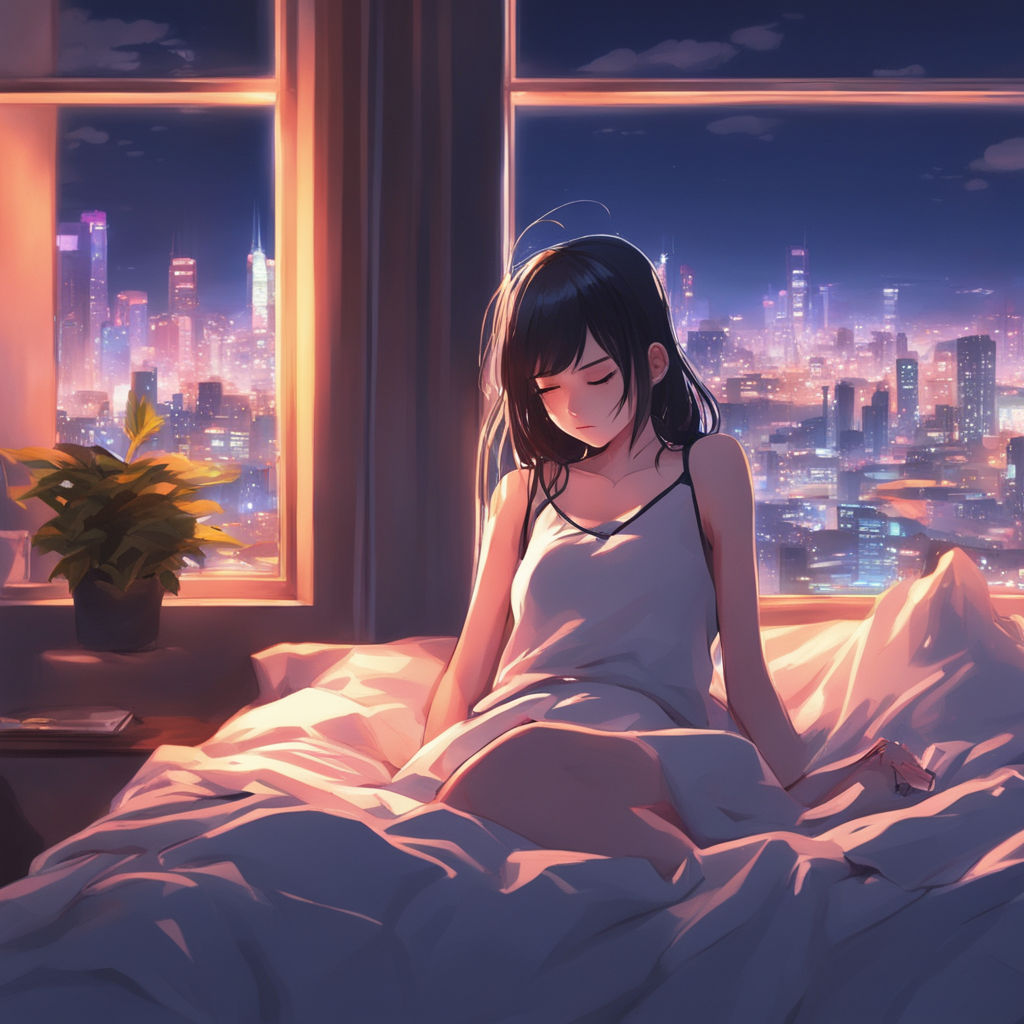 Anime girl sleeping in bed with city lights in the backgroun... by 권오진 ...
