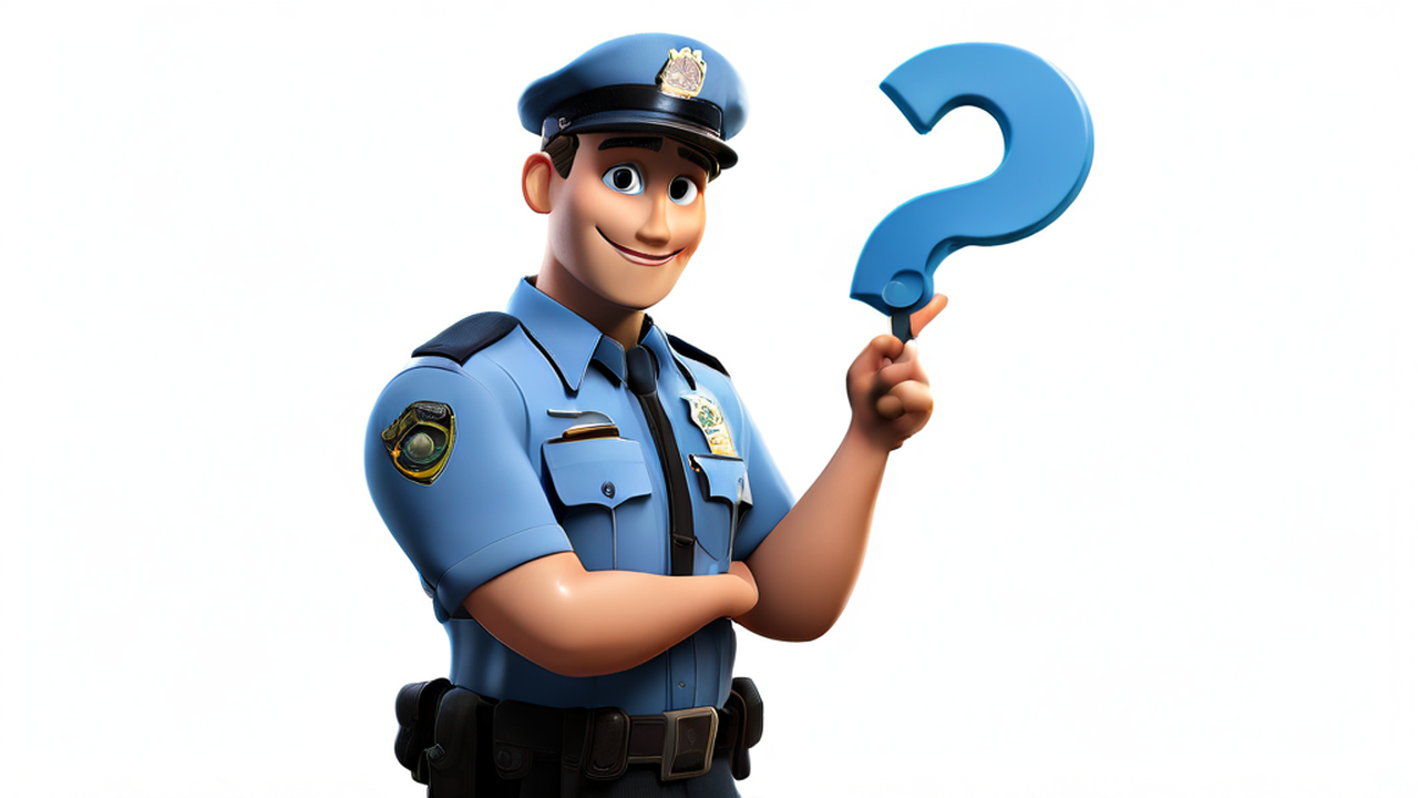 Pixar police officer holding a question mark on white backgr... by ...
