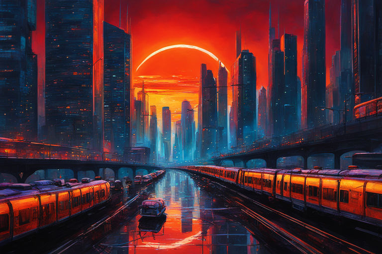 Cyberpunk themed solar eclipse with neon-lit metropolis by 崇威工程顧問有限公司 - Playground