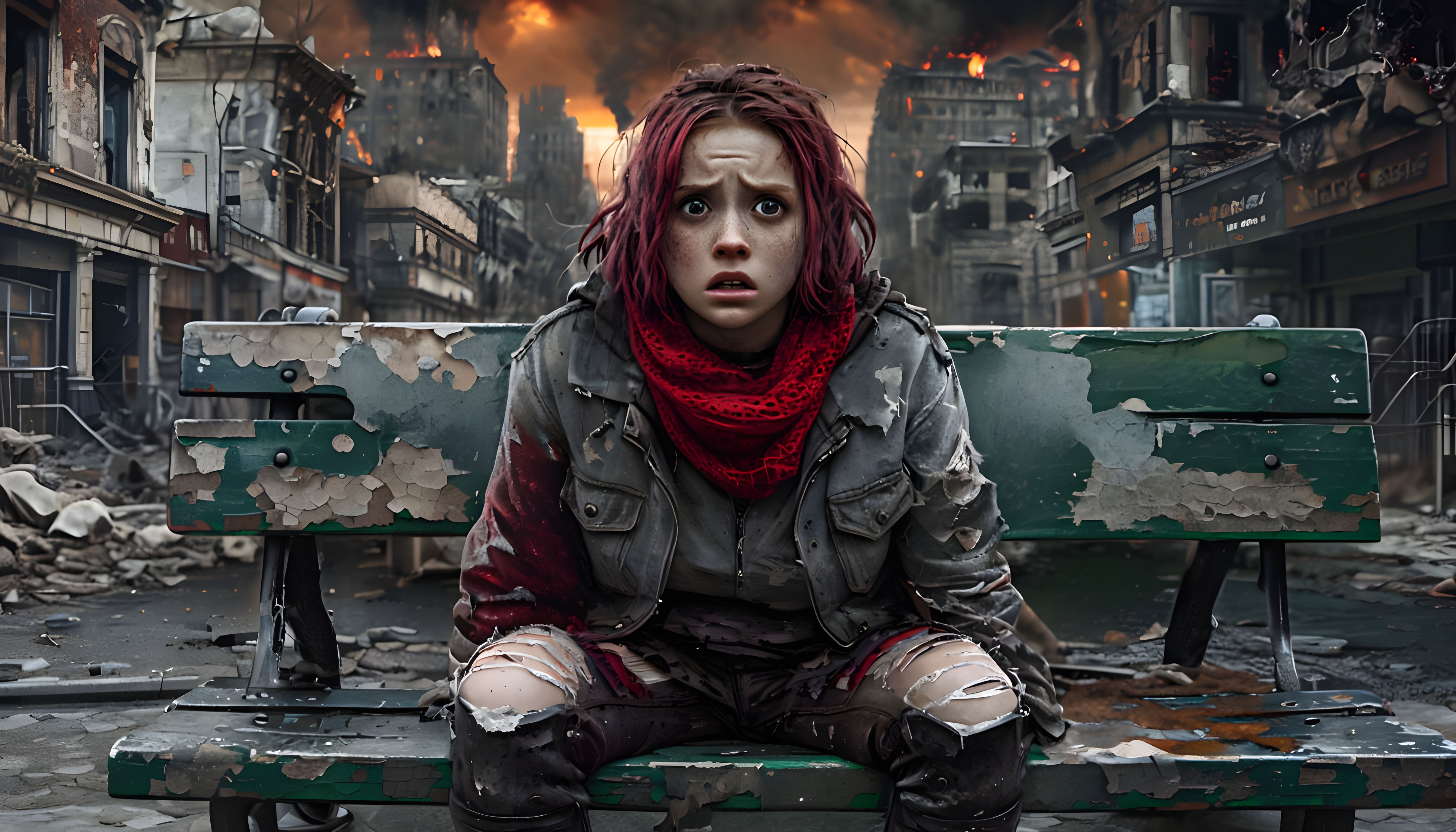 The image depicts a young homeless woman seated on a green b... by ...