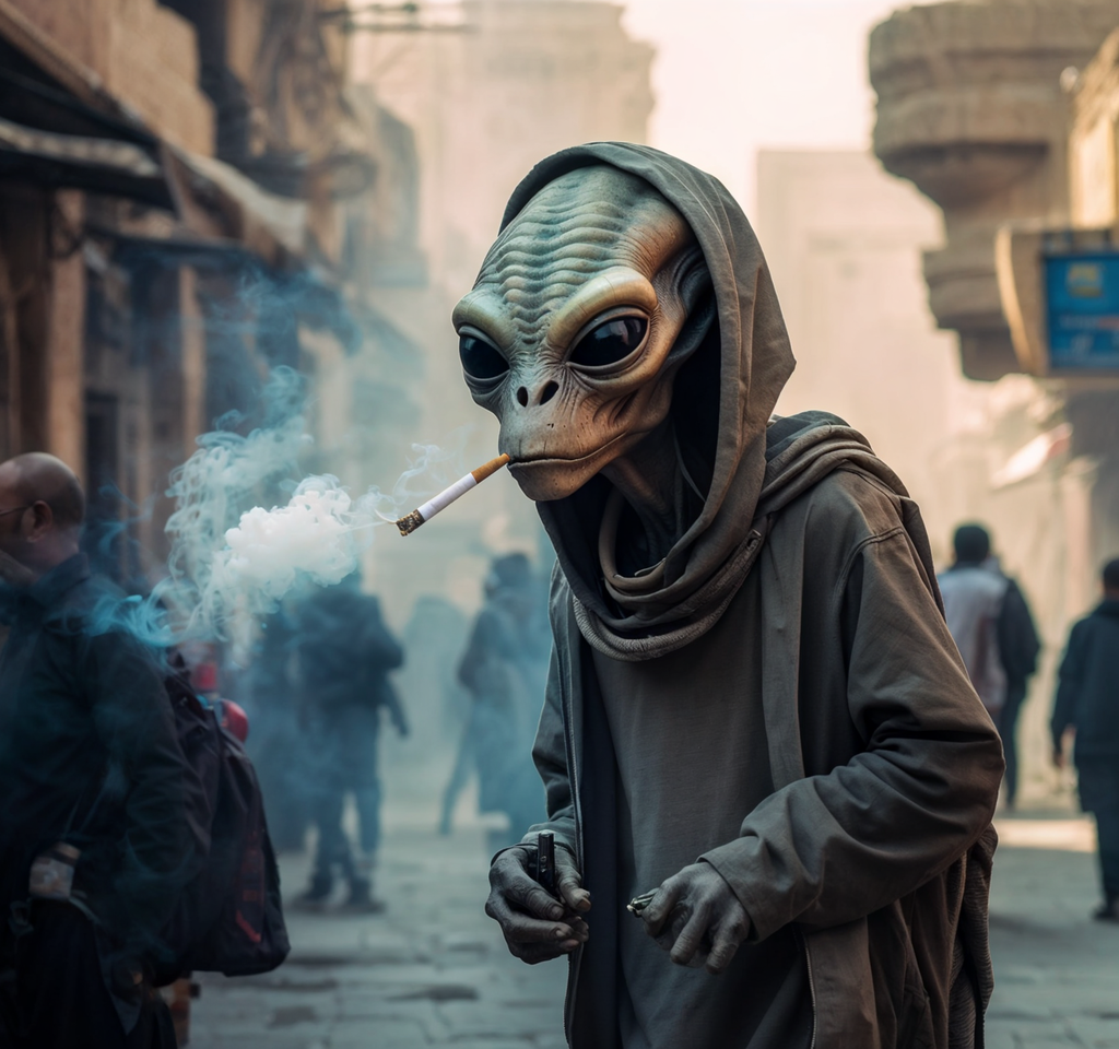 An alien smoking a cigarette walking down the street of an a... by ...
