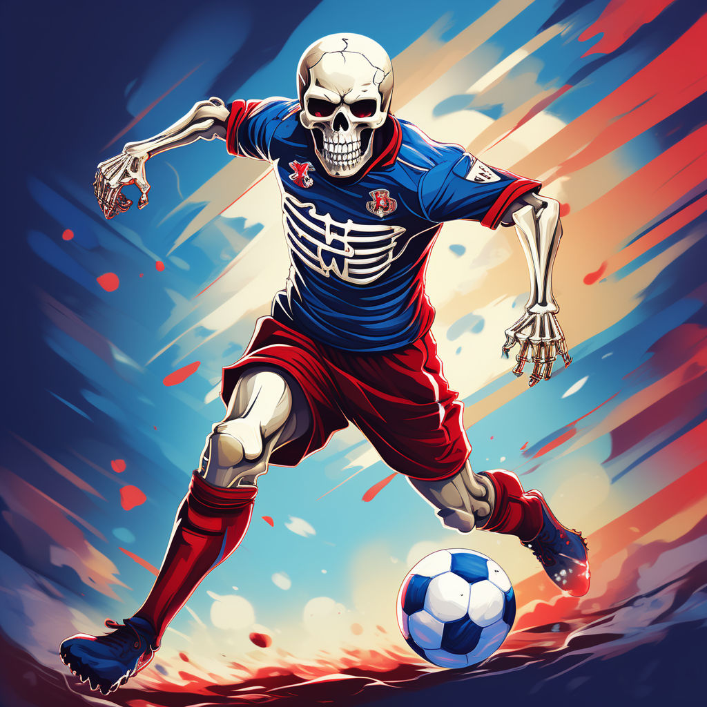 Skeleton gunner in classic football uniform captured in mid-... by ...