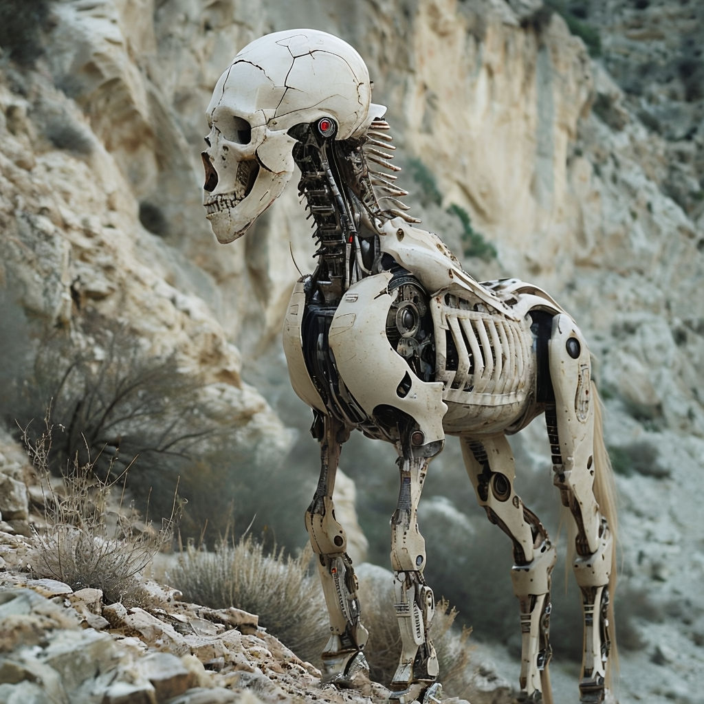 A striking photograph captures a hybrid robotic centaur stan... by patraque - Playground