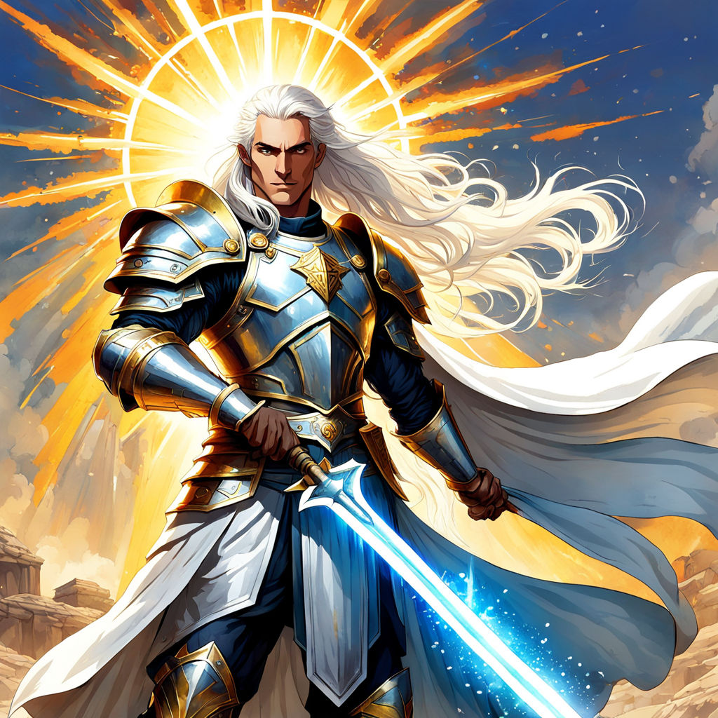 Priest of Praios in light plate armor glowing with reflected... by ...