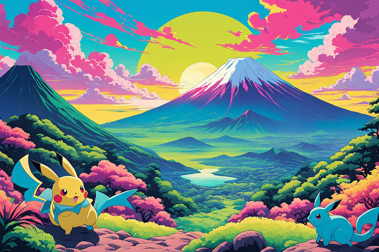 Pokemon characters interacting in a vibrant anime landscape by Ray 95 ...