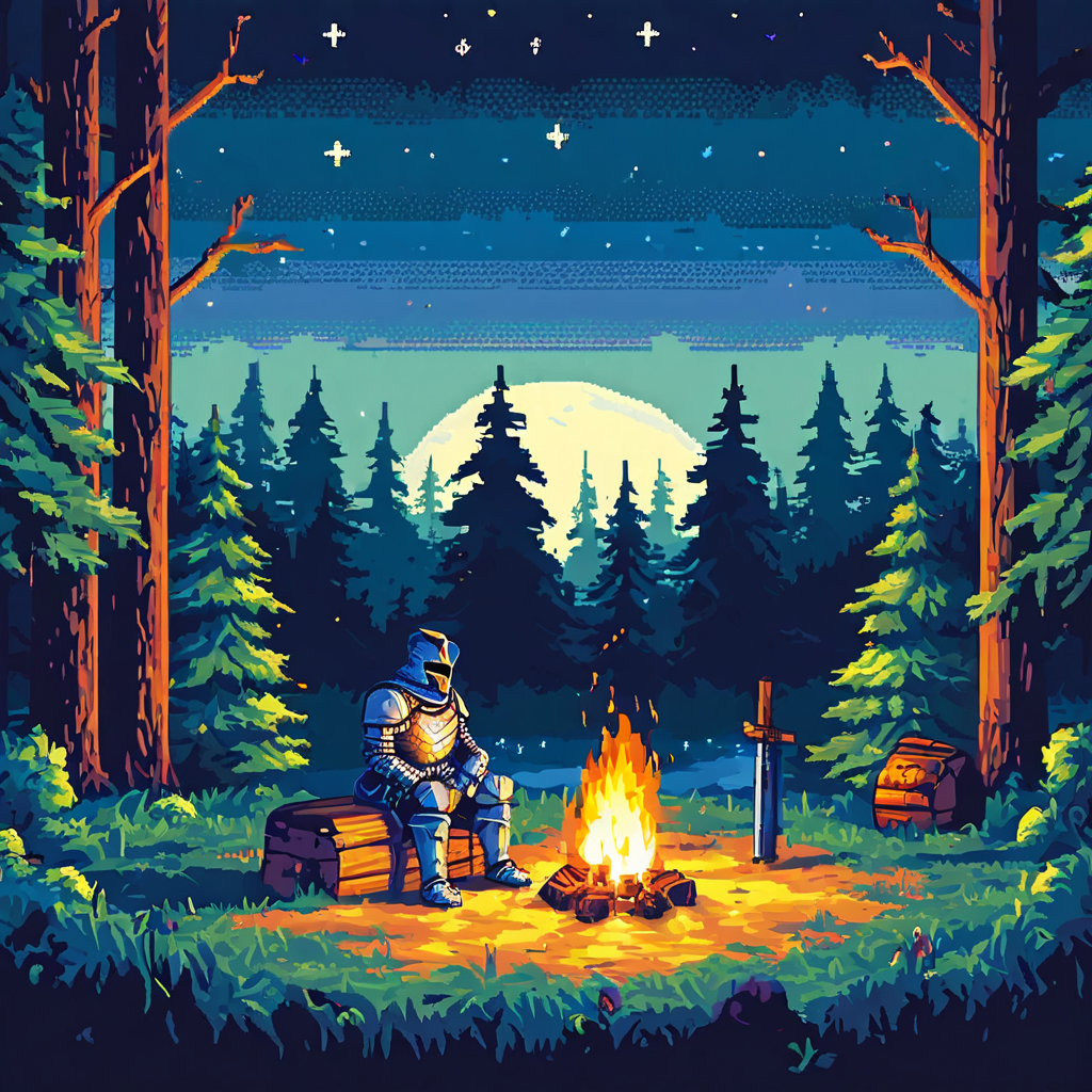 Pixel-art illustration of two knights sitting near campfire ... by ...