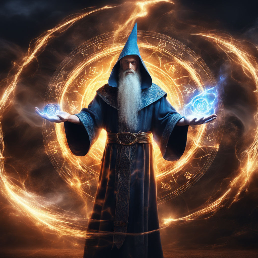 Epic wizard summoning glowing runic magic which swirls aroun... by ...