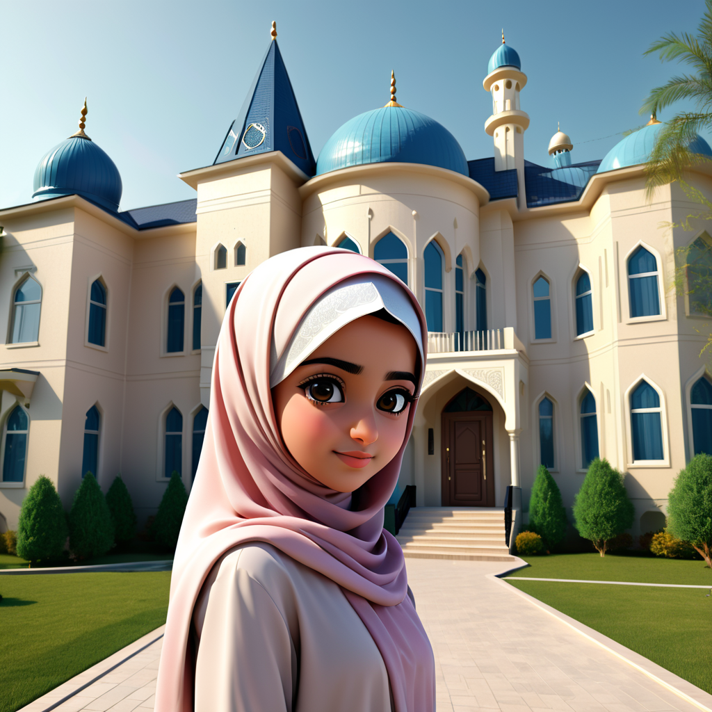 3d Full Image One Muslim Girl In Front Of Big House By Super Star