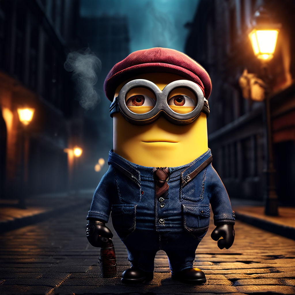Minion with beret and suit in a dark street night smoking co... by ...