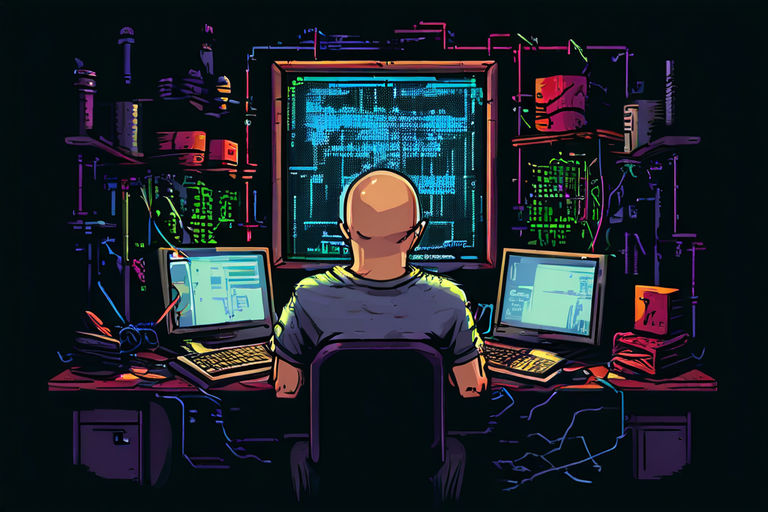 Pixel art digital art piece of a bald developer in the midst... by ...