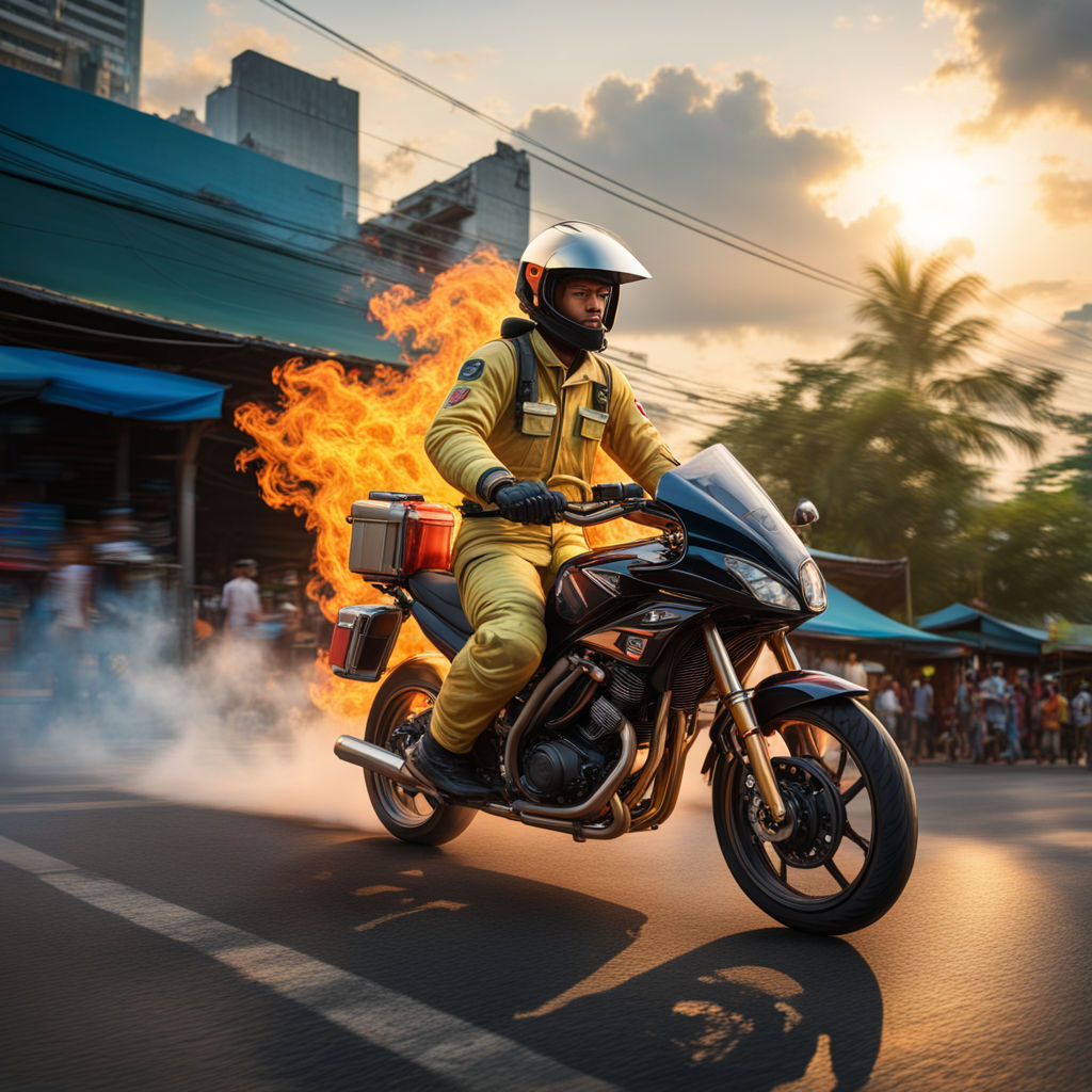 Firefighter clad in full gear atop a sleek motorcycle by THANKHUN ...