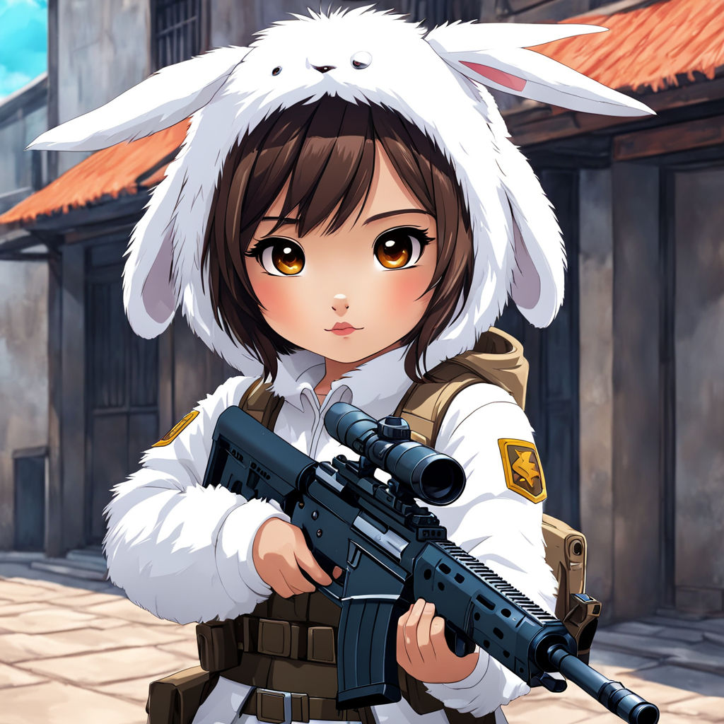 White cute Little fluffy bunny with sniper gun. anime style.... by ...