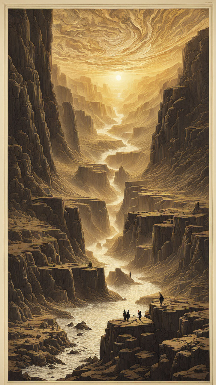 A vast canyon where waves of golden light ripple outwards fr... by Andy ...