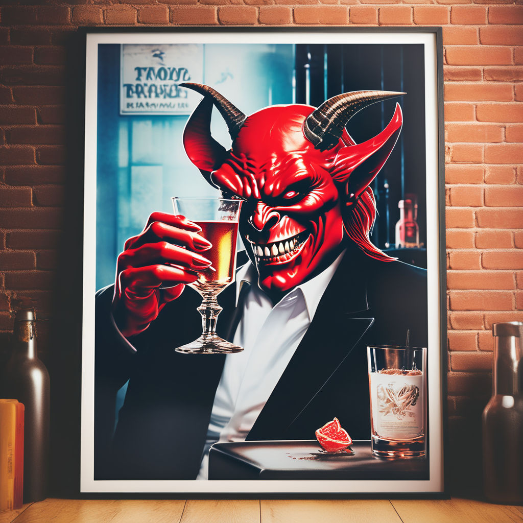 Devil drinking liquor from a bottle in a bar made to look li... by ...