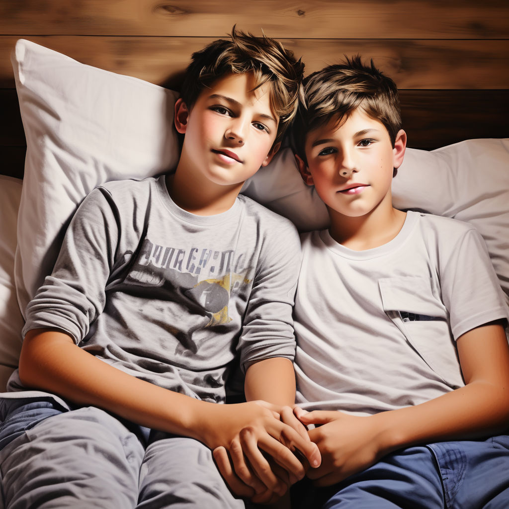 13 year old brothers shirtless laying in bed cuddling. Holdi... by ...