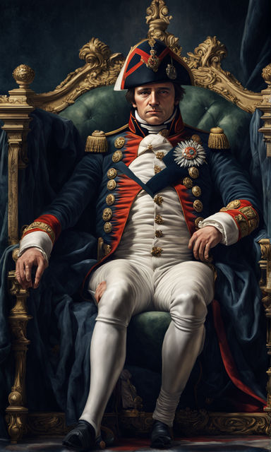 A close shot of Napoleon Bonaparte sitting in his throne . w... by ...