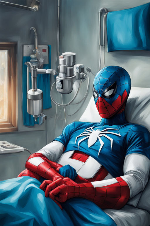 Make me a picture of Spiderman lying sick in the hospital li... by ...