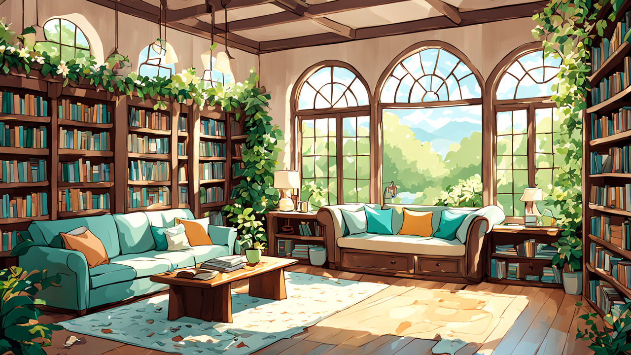 Illustration of a cozy library in a cartoon style. Incorpora... by Elin ...
