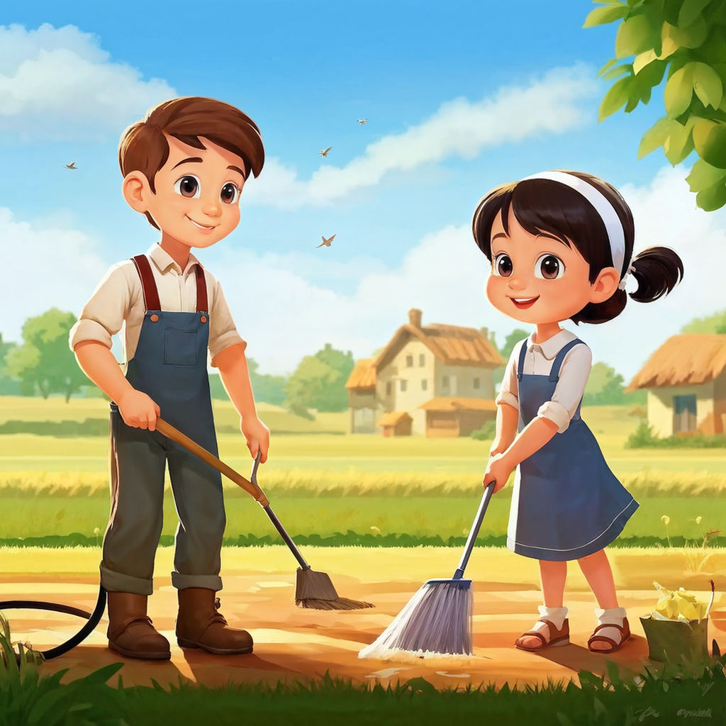 Animated cartoon image of villager small boy small girl cl... by ...