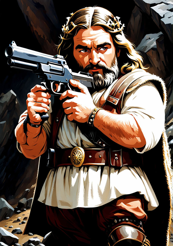 Jesus as a mining dwarf with a gun by Jamie Leung - Playground