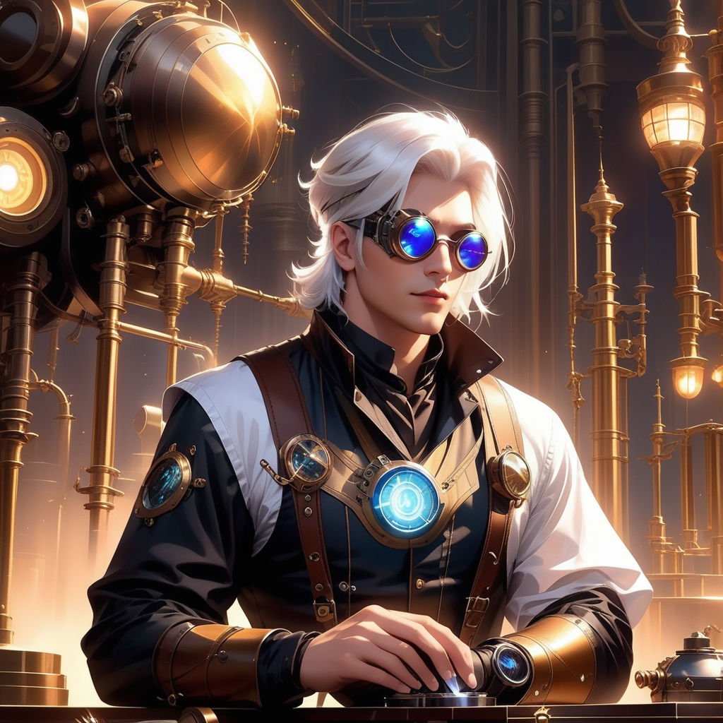Young male white hair dnd artificer inventor steampunk welde... by ...