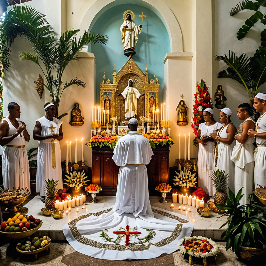 A Cuban Santería ritual with a richly decorated altar at the... by ...