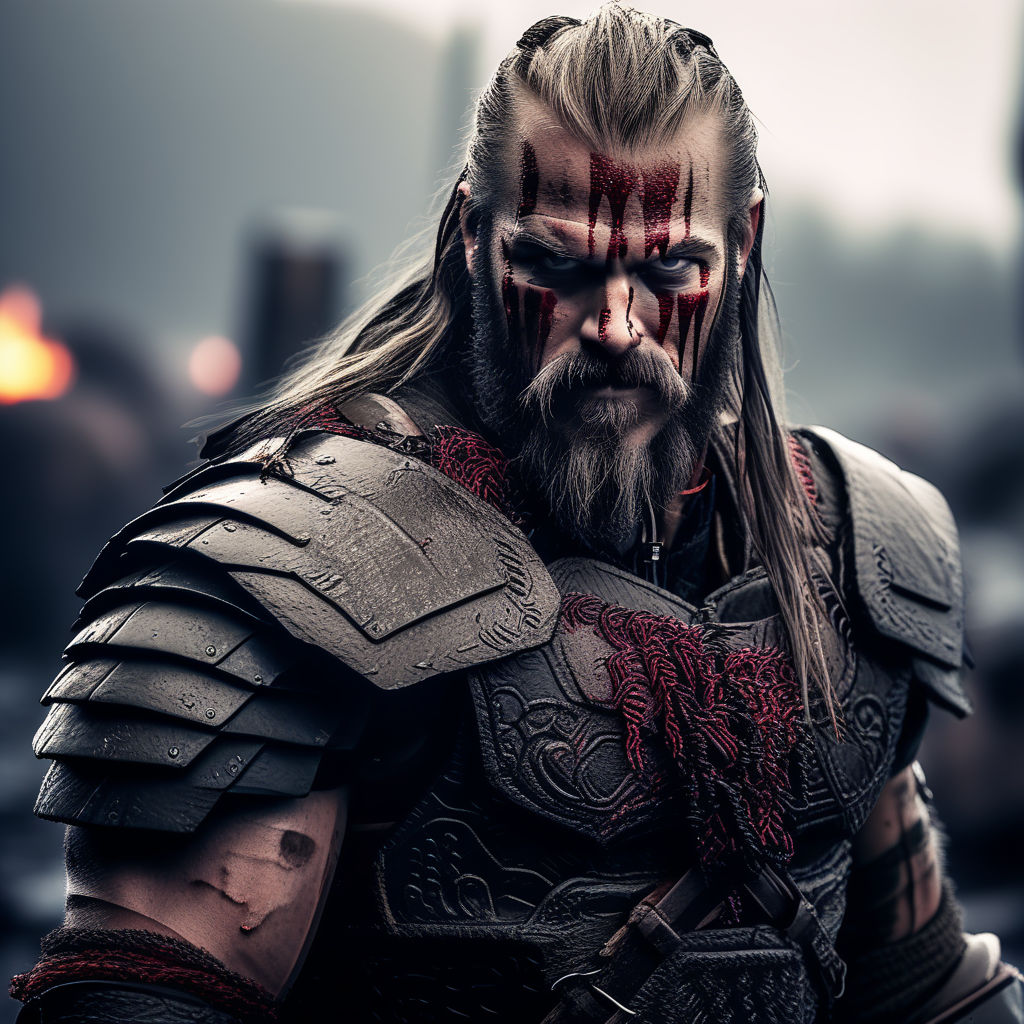 A fully armoured Viking standing with a deadly and evil smil... by ...