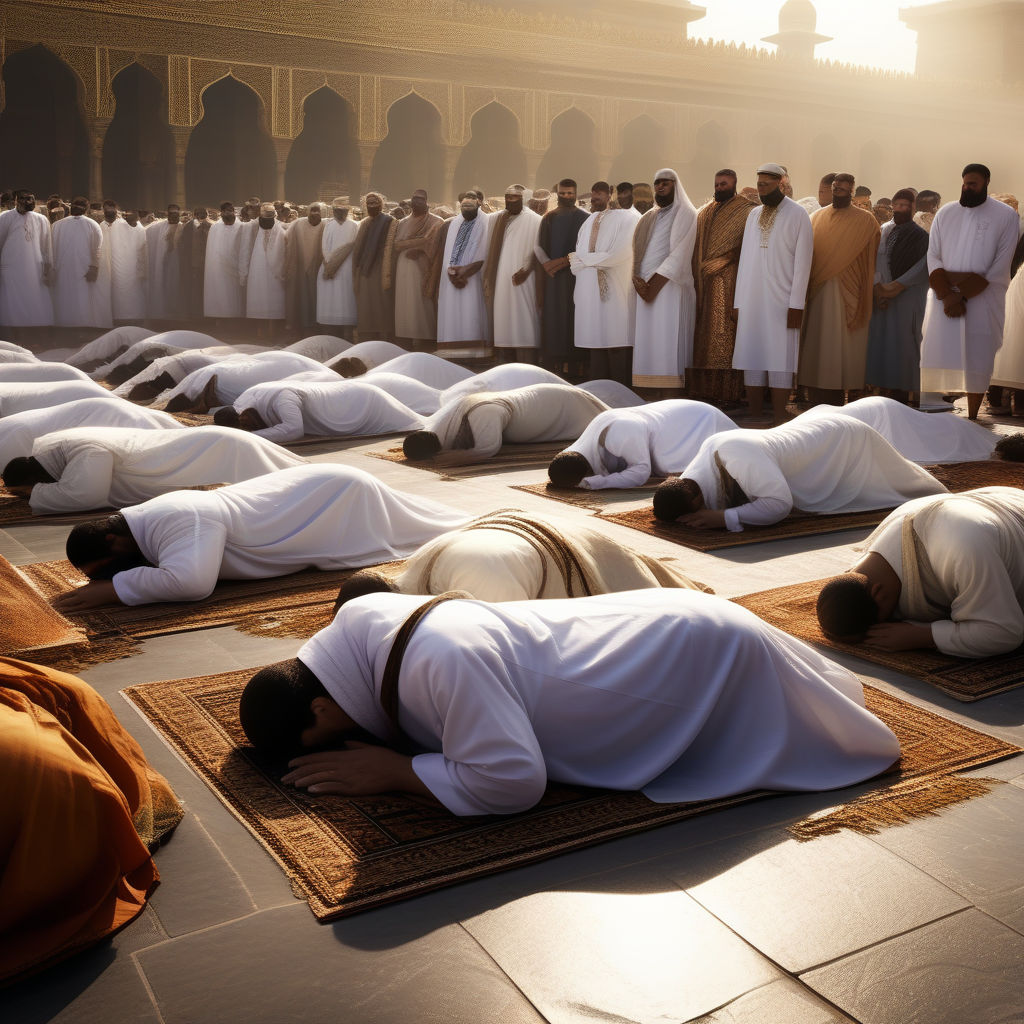 Create realistic image of many people prostration infront of... by ...