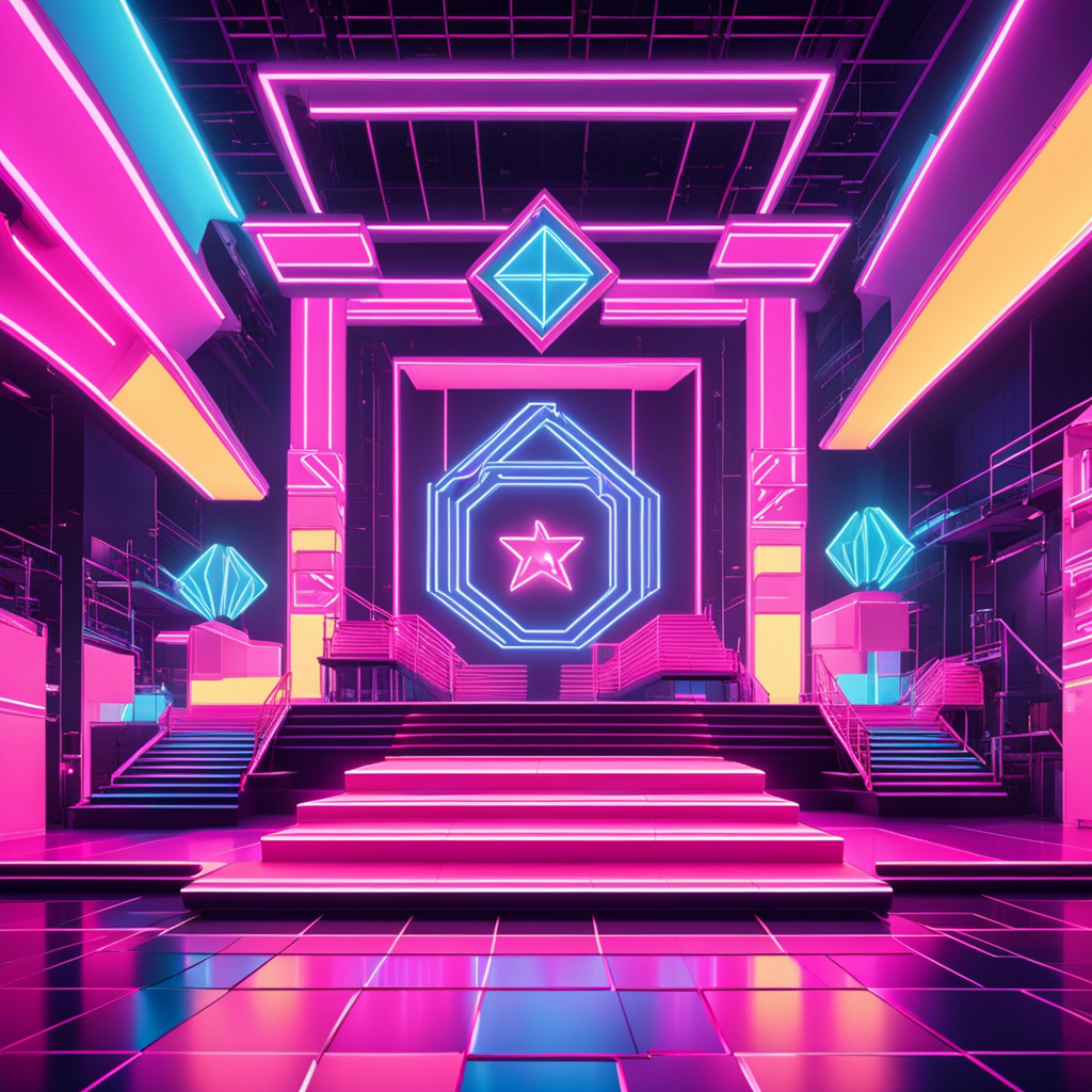 A vibrant 1980s-inspired stage set with a color palette domi... by ...