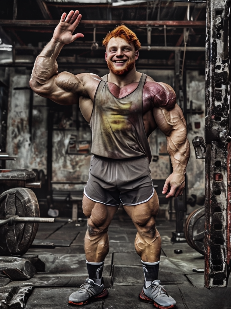 A hyper-muscular 24-year-old ginger bodybuilder raising his ... by ...