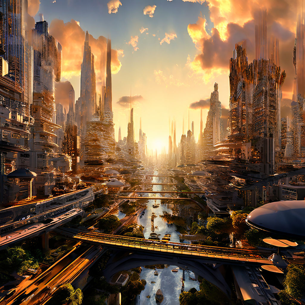 An avant-garde environment where ultramodern skyscrapers ver... by ...