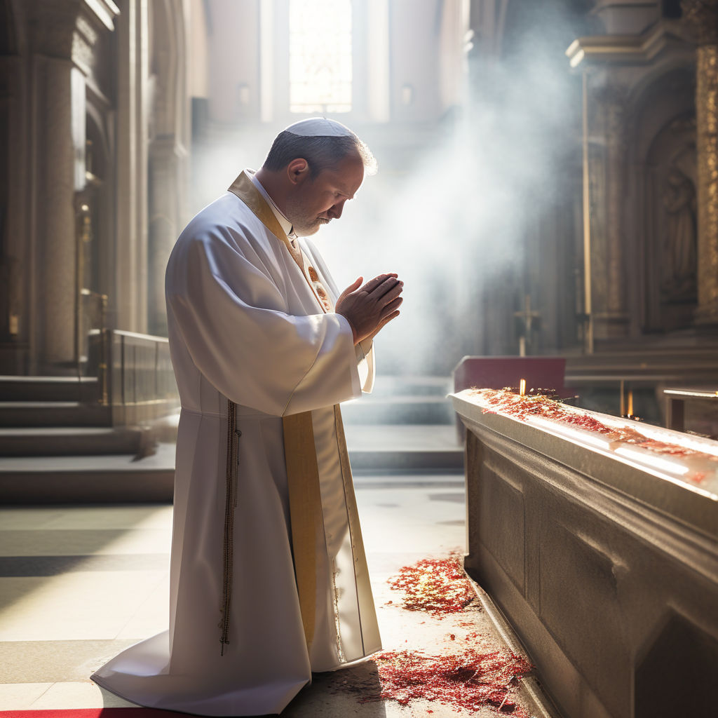 A 45-year-old priest in half body praying inside the church by Ricardo ...