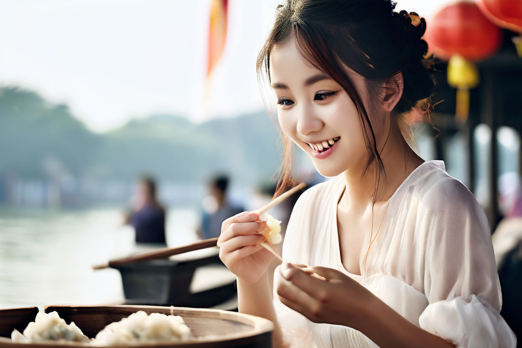 Beautiful girl eats rice dumplings during Dragon Boat Festiv... by 月光先生 ...