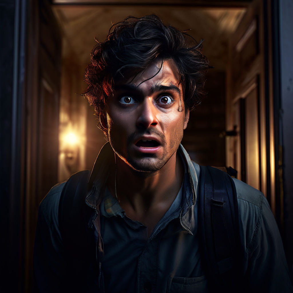 Young man Aman journalist with fear face made a dash for the... by ...