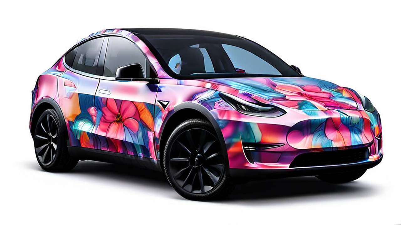 A tesla Model Y with a flower power design car body by Patrick ...