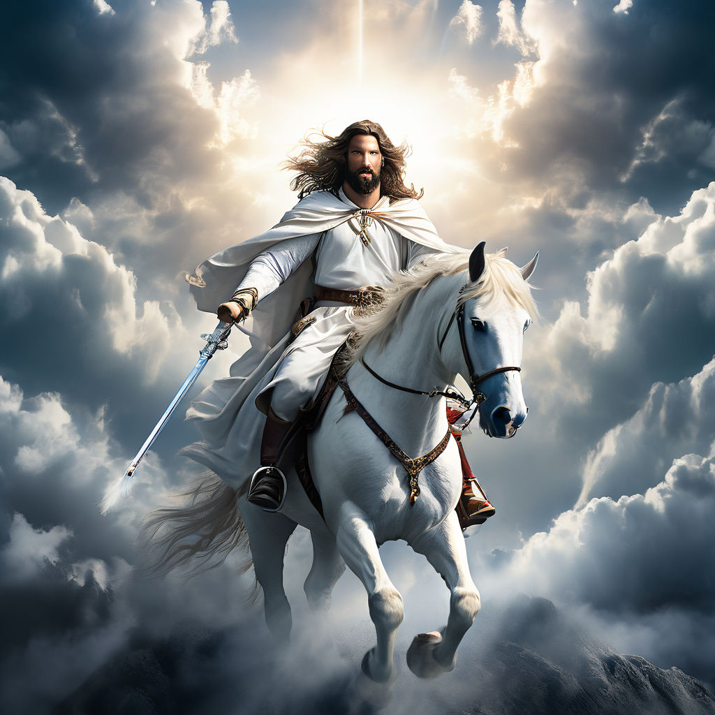 Jesus Christ riding a white horse coming through white cloud... by ...