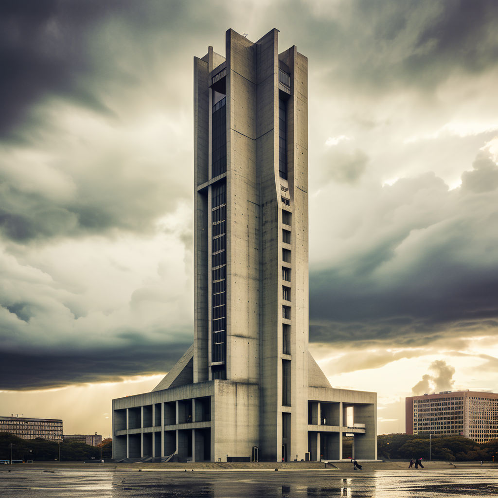 Concrete square brutalist tower apparent giant cloudy city z... by ...