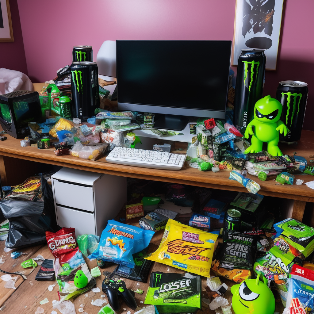 Messy trash covered desk of a modern gamer monster energy dr... by ...