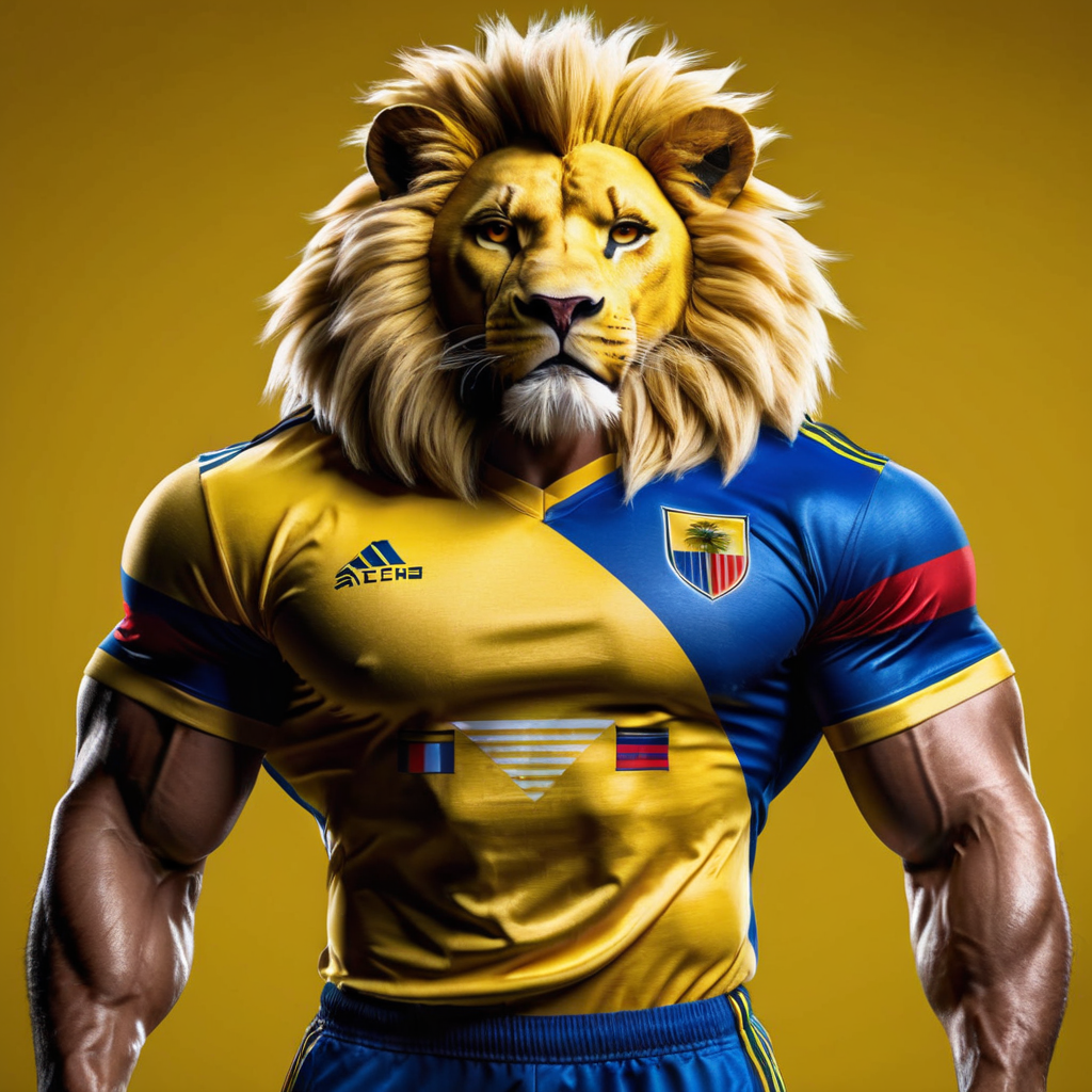 Create an image of a lion with a human-like muscular body st... by ...