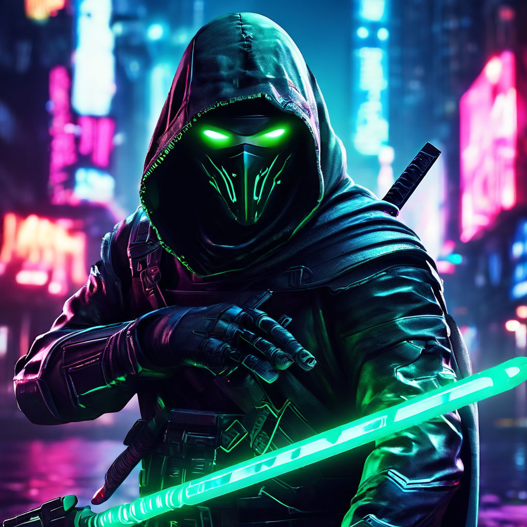 Cyber ninja with a weapon looks straight at the caretaker ... by ...