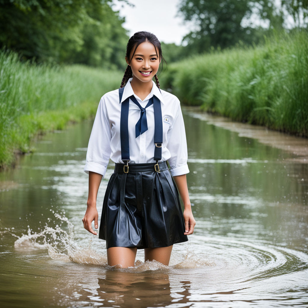 Young woman in a wet school uniform wading through a river by Mj86 ...