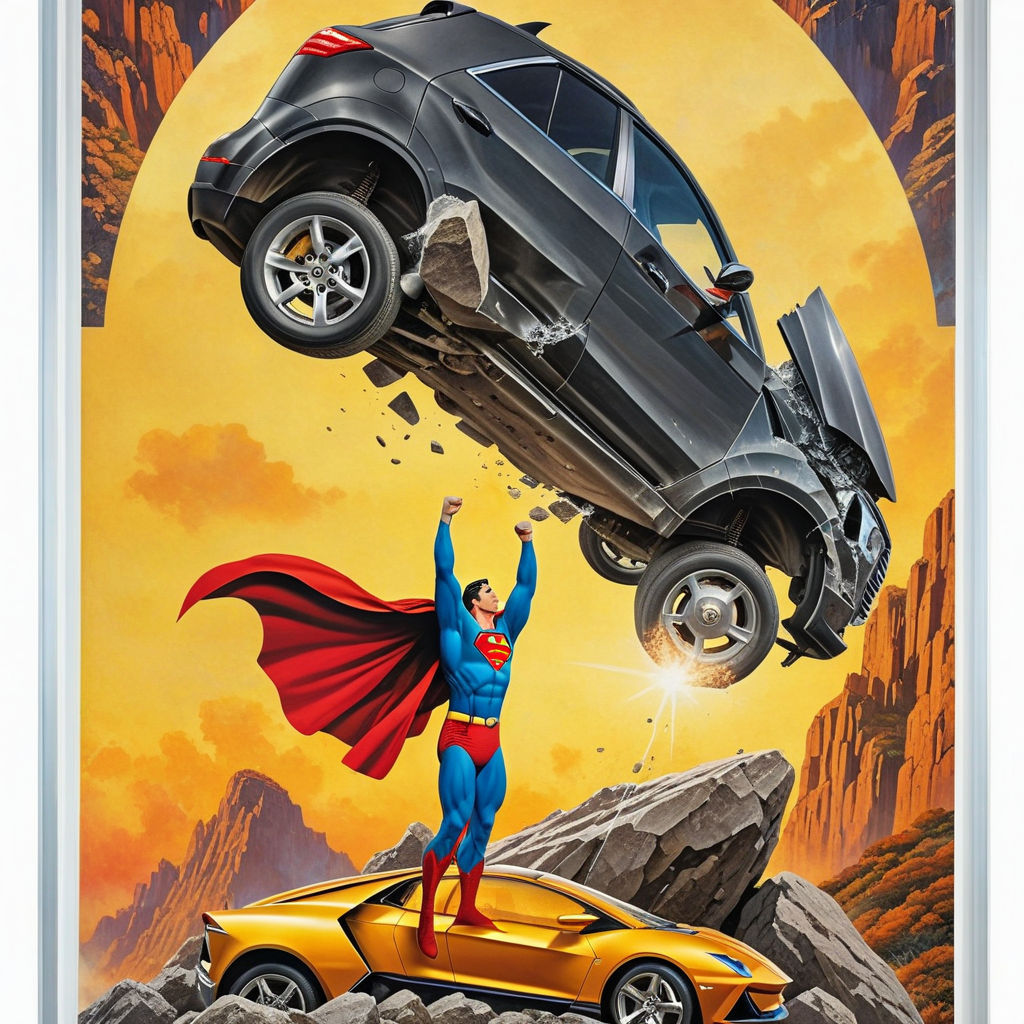 Superman crashing a modern car on a rock hyper-realistic by BAX ...