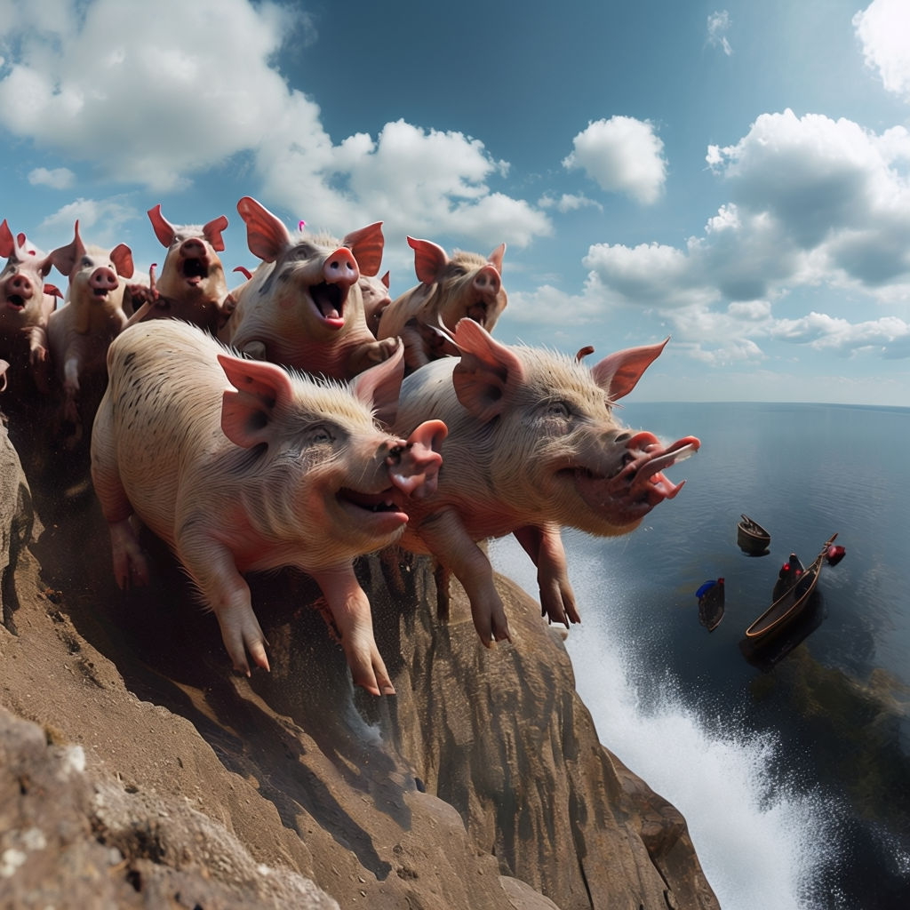 Terrified pigs jumping off a steep cliff into the water belo... by Tom ...